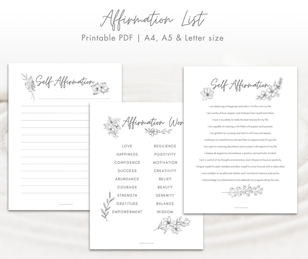 Affirmation List Printable for Journal Insert, Self-affirmation, Self Care & Affirmation Words ...