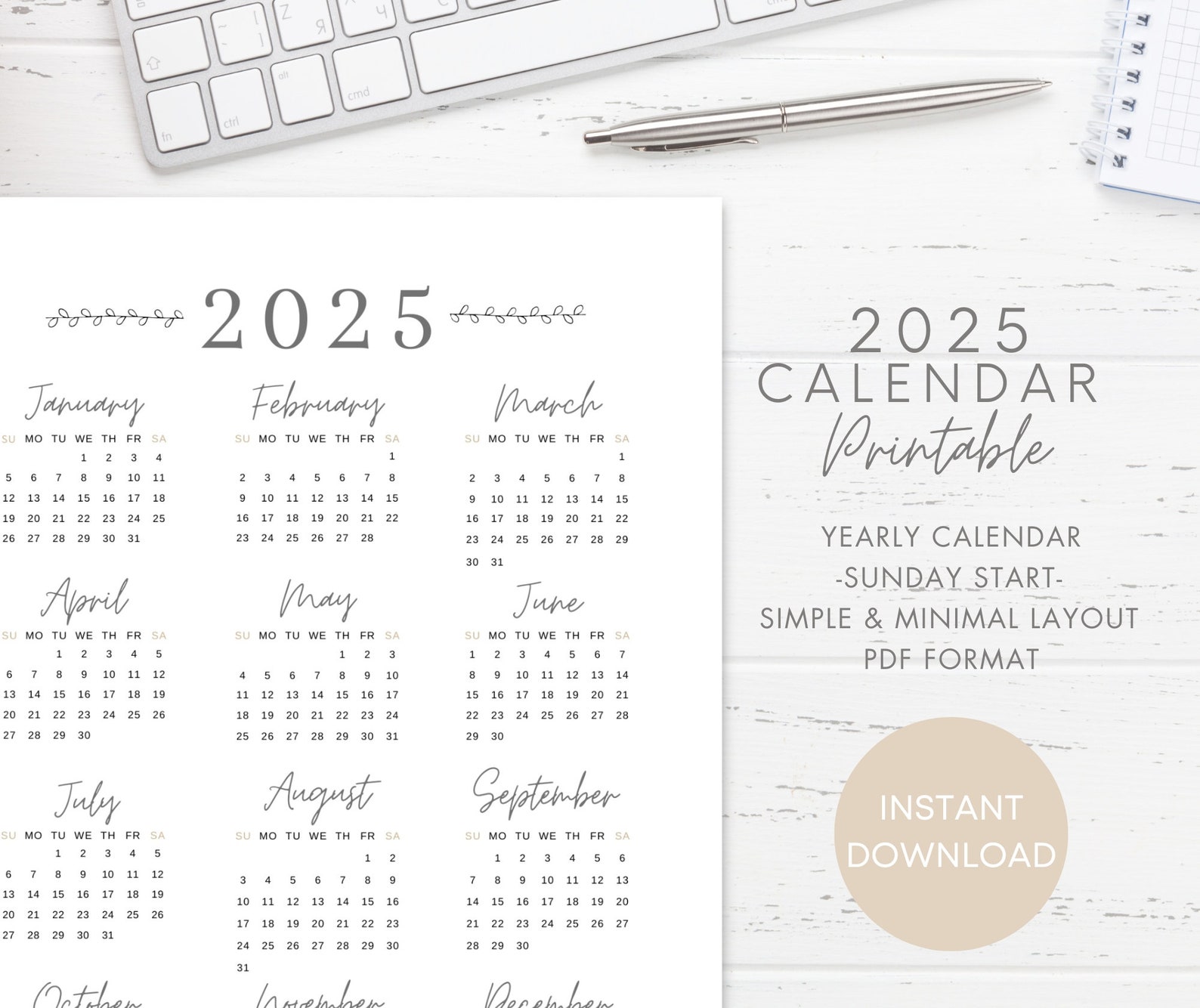 2025 Year Calendar Printable, SUNDAY Start, Year Overview 2025, One ...