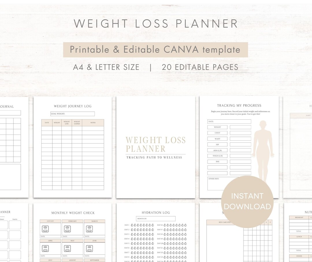 Weight Loss Planner Tracker | Printable Weight Loss Journal | Canva ...