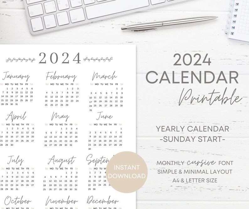 2024 Year Calendar Printable, SUNDAY Start, Year Overview 2024, One ...
