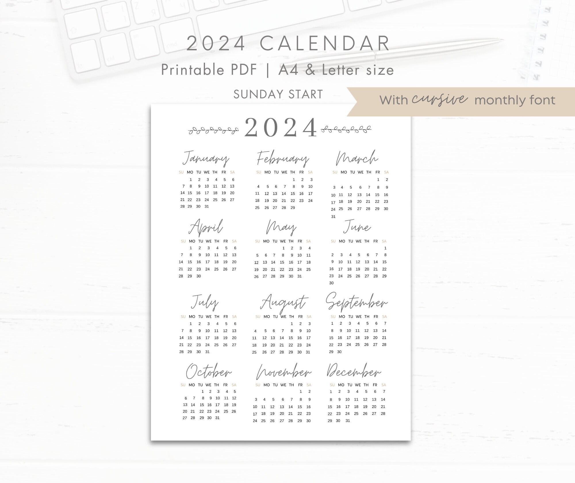 2024 Year Calendar Printable, SUNDAY Start, Year Overview 2024, One ...