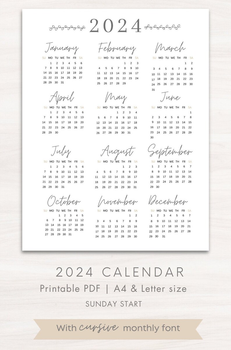 2024 Year Calendar Printable, SUNDAY Start, Year Overview 2024, One ...