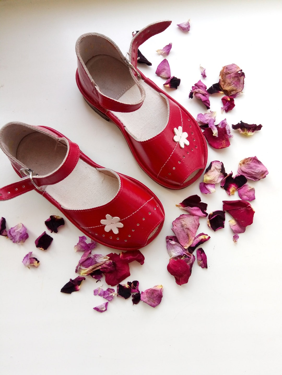 NEW Soviet Kids Sandals, Red Leather Flat Perforated Girl's Shoes,white ...