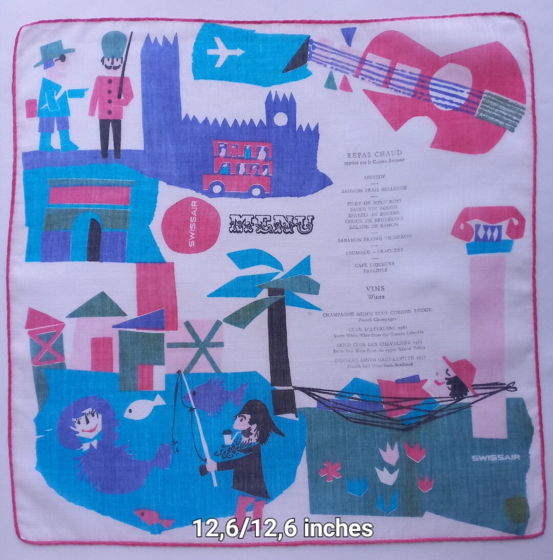 Vintage Swissair Menu Handkerchief: Cotton Souvenir With Hand-rolled ...