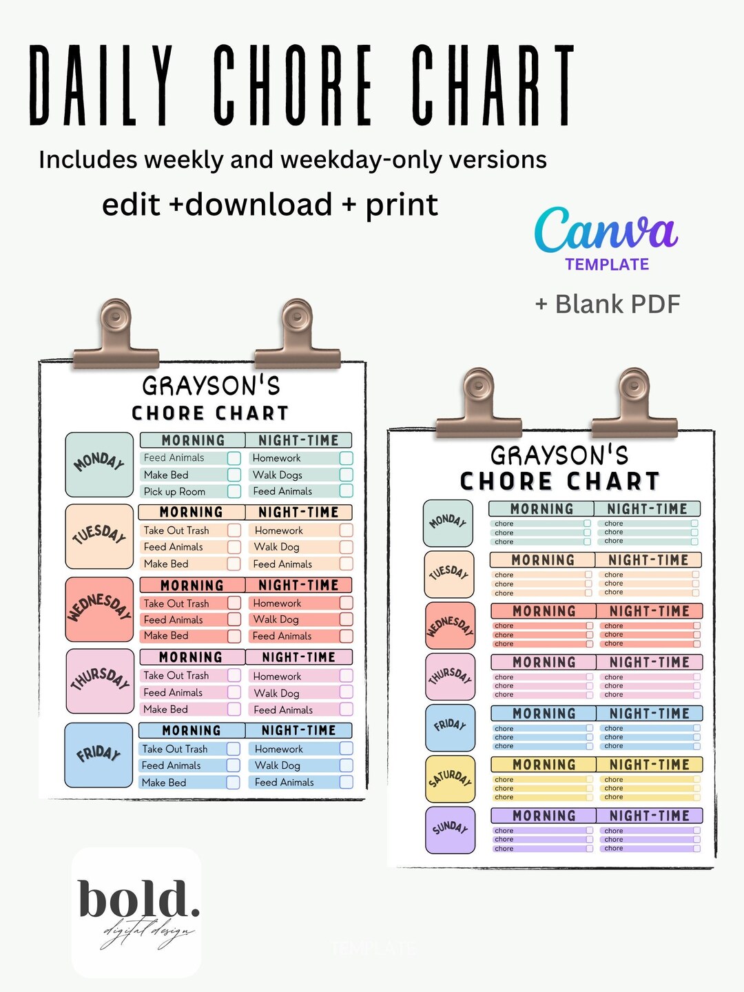 DIGITAL DOWNLOAD • CANVA • Kid’s Chore Chart• Chore Calendar Printable ...