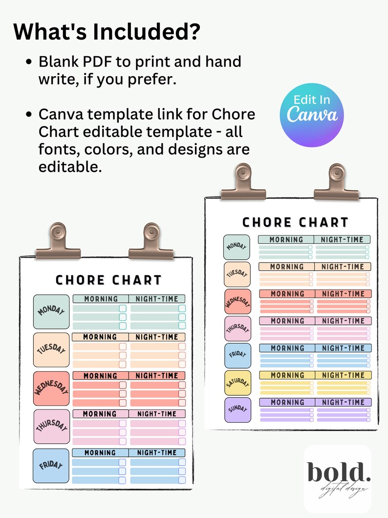 DIGITAL DOWNLOAD • CANVA • Kid’s Chore Chart• Chore Calendar Printable ...