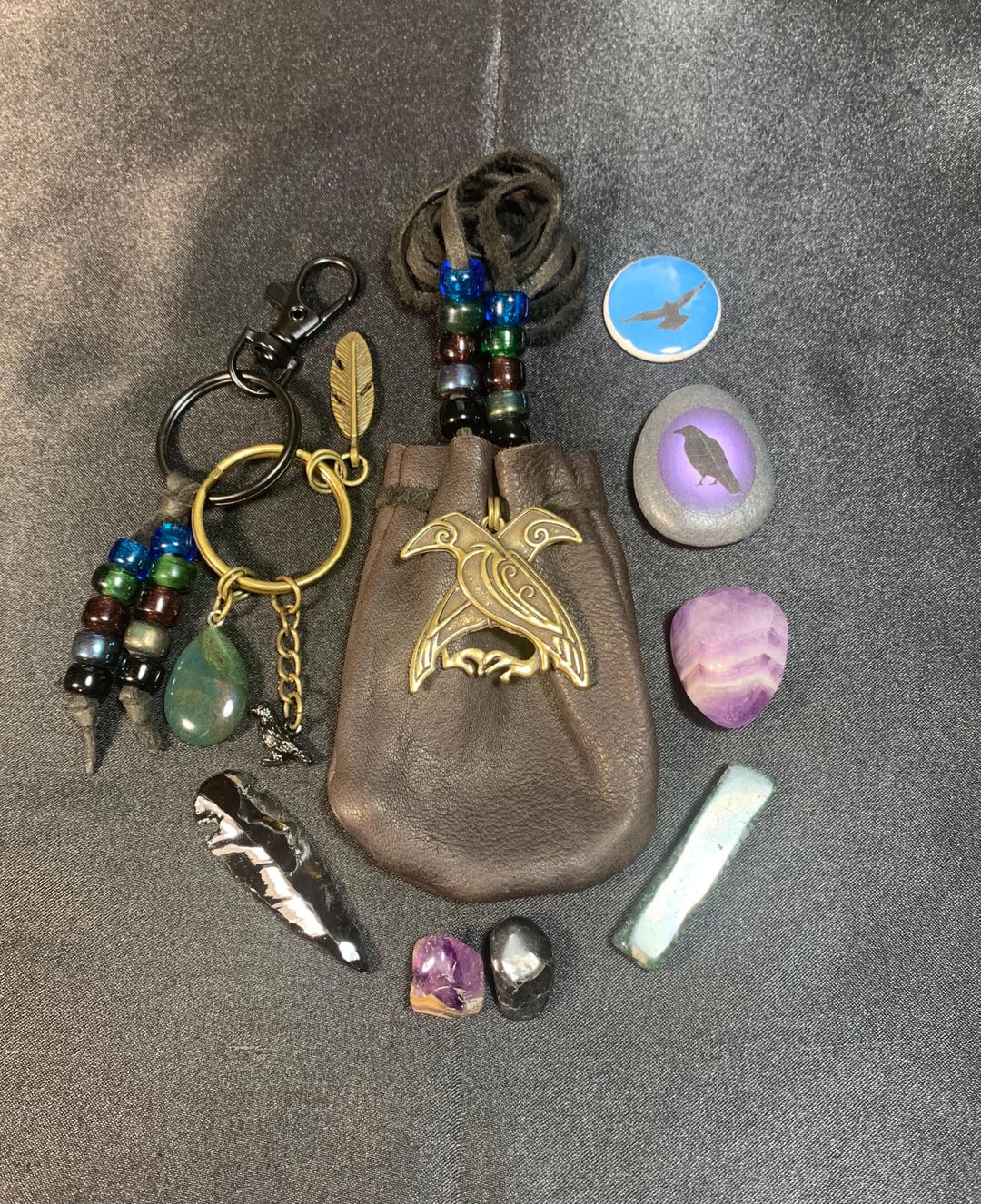 Raven Spirit Pouch, Raven Medicine Bag, Raven Neck Pouch, Black Leather ...