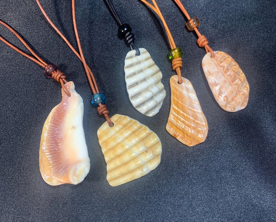 Natural Sea Shell Necklace, Ocean Shell Pendant, Genuine Leather Cord ...