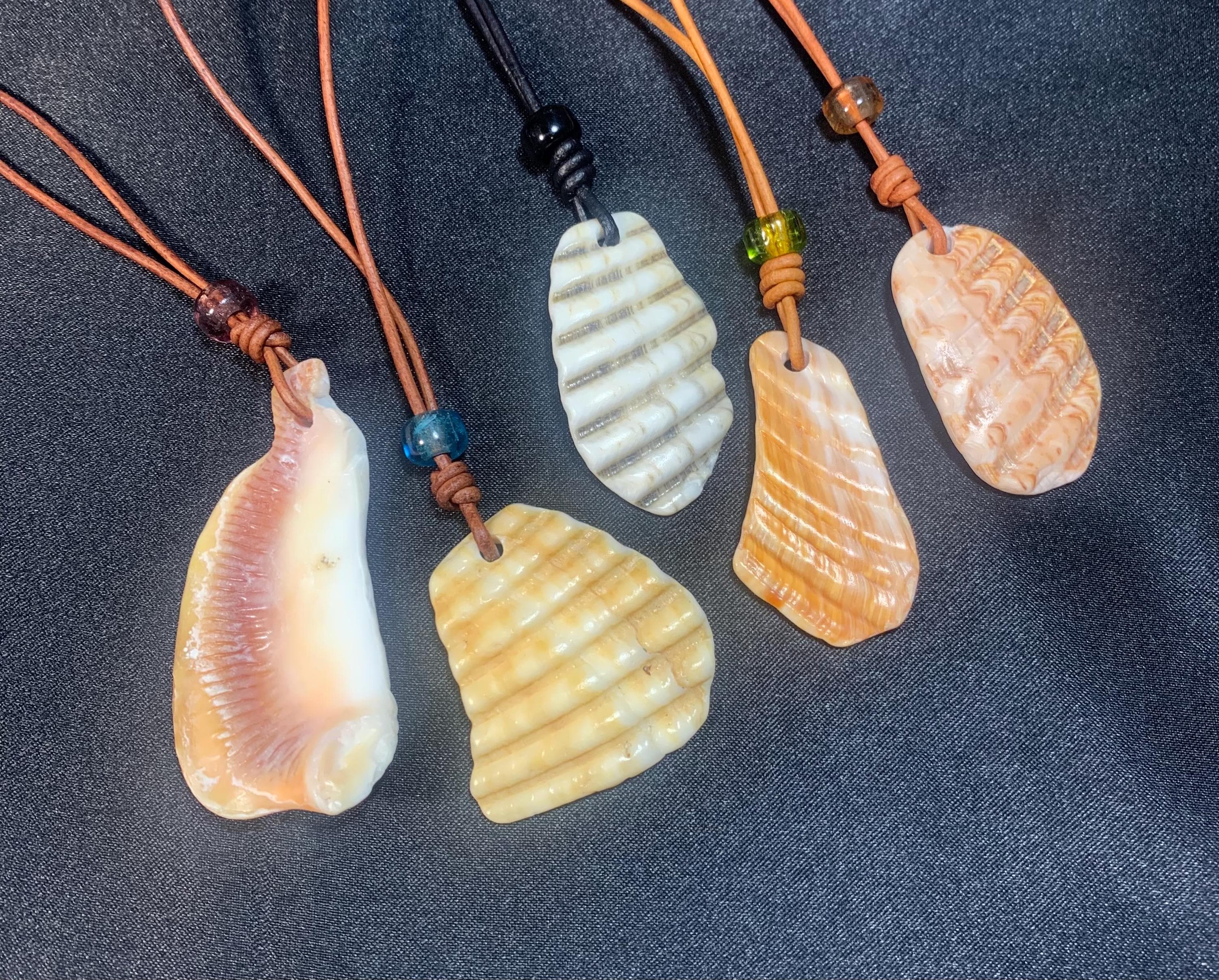 Natural Sea Shell Necklace, Ocean Shell Pendant, Genuine Leather Cord ...