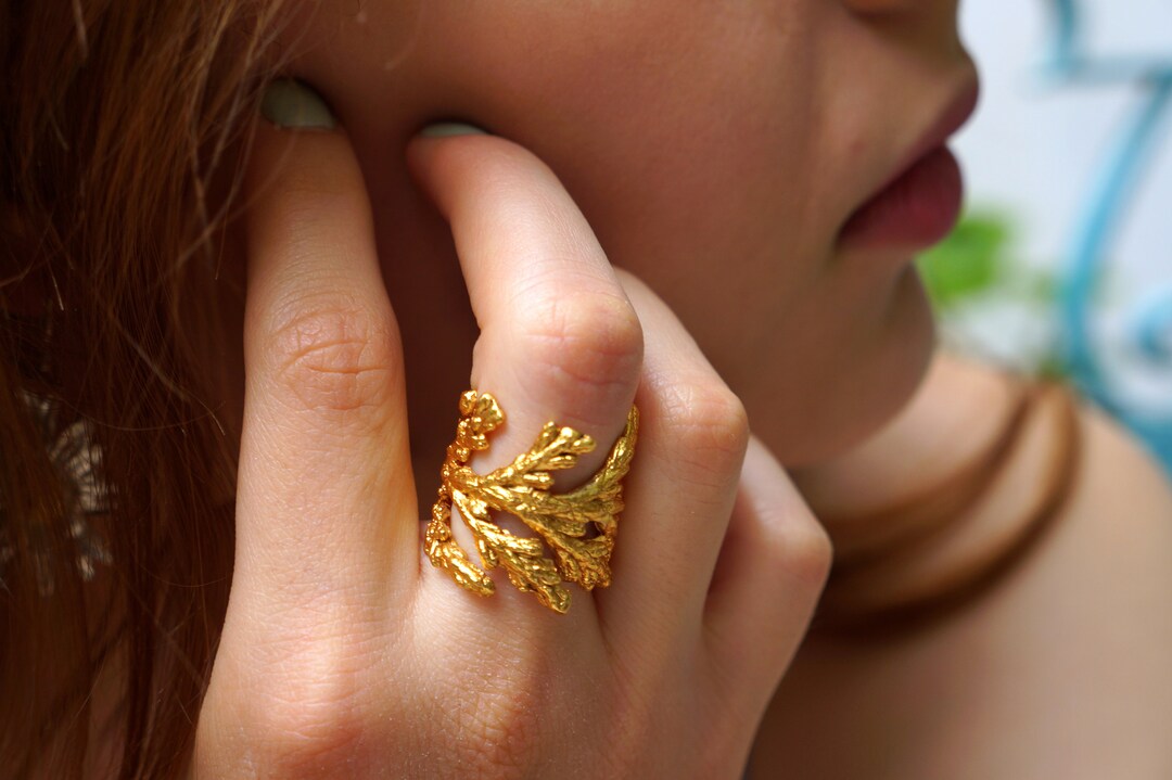 Nature Inspired Ring Juniper.wide Band Ring, 14 K Gold Plated Sterling Silver Ring, Cypress Leaf ...