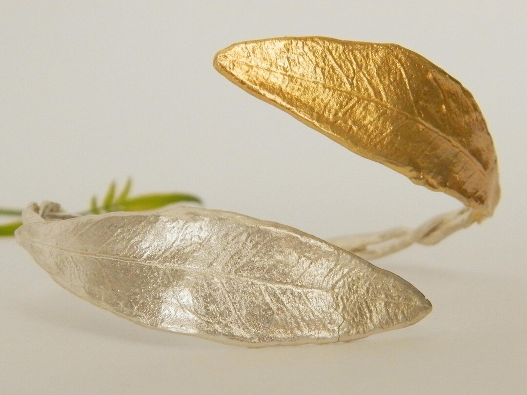 Olive Leaf Cuff Bracelet In Sterling Silver And 14k Gold Plated . Olive