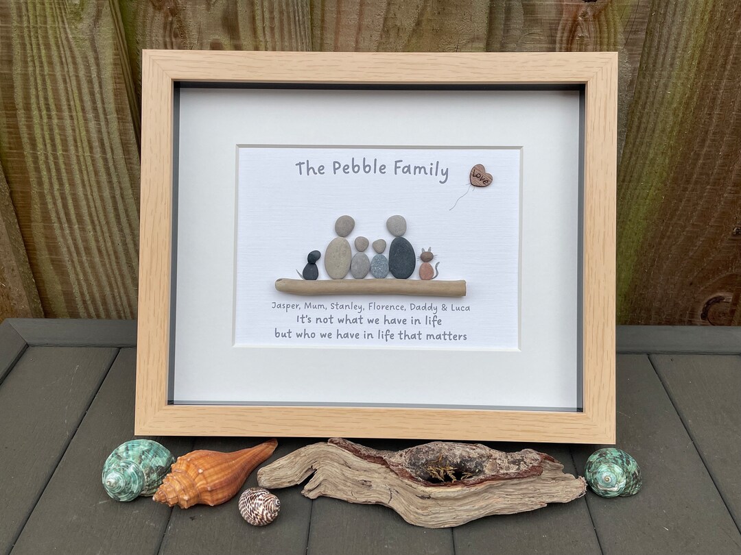 Personalised Family Pebble Frame, Family Gift With Pets, Pebble Picture ...