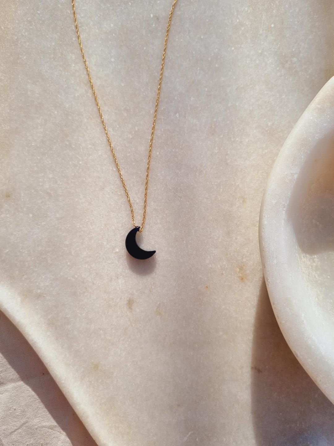 Black Onyx Luna Moon Pendant for Women Dainty Gemstone on Gold Plated ...