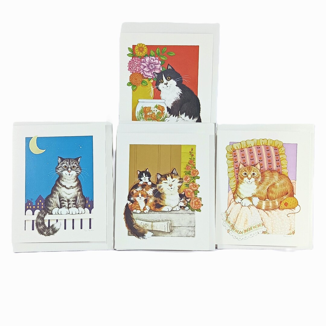 Cat Note Cards Blank Set 12 housecats Calico Yellow Tiger Gray Tiger ...