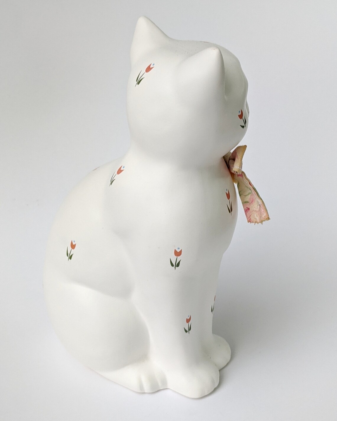 Cat Figurine White Sitting Cat Large Ceramic Statue Pink Floral White ...