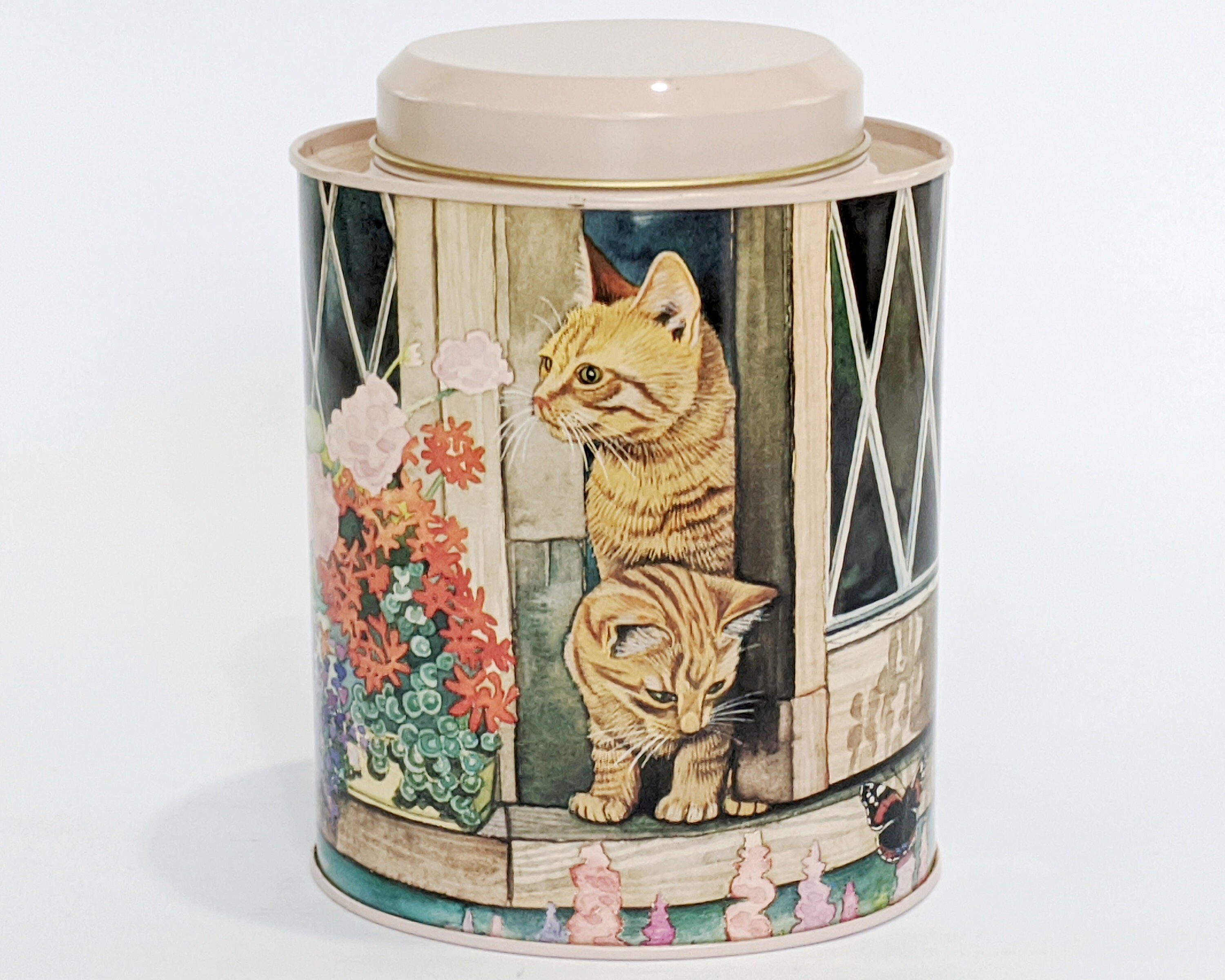 Cat Tin Yellow Tiger Cats Flowers Window Cat Lovers Vintage Oval Dusty ...