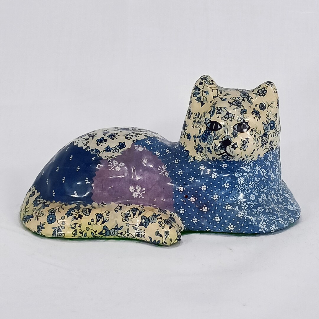 Cat Figurine Floral Patchwork Cat Statue Vintage Blue Ivory Lavender ...