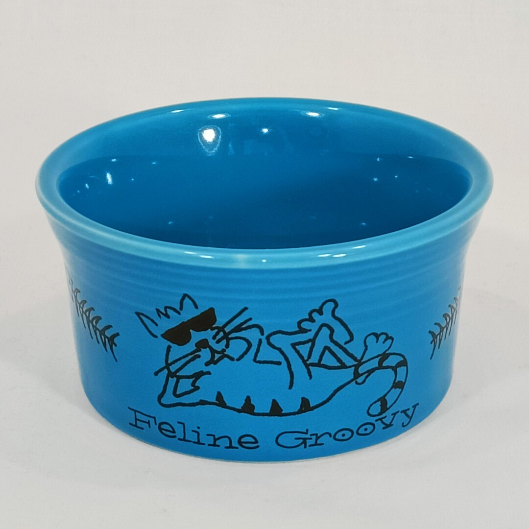 Cat Food Dish Fiesta® Peacock Blue "feline Groovy" Cat Food Vintage ...