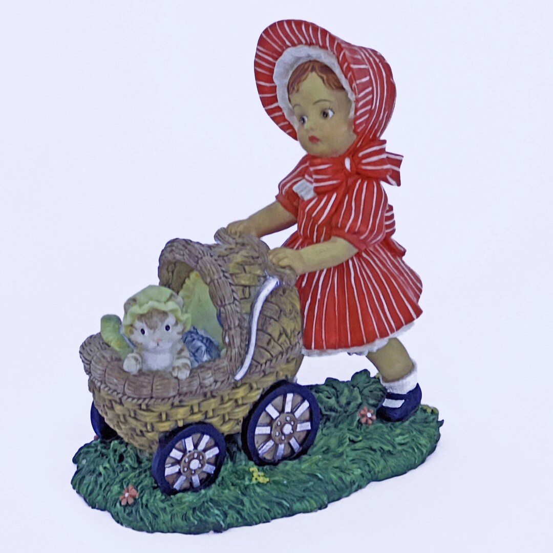 Cat Figurine "playing Mommy" Girl Red Dress Bonnet Kitten Baby Carriage ...