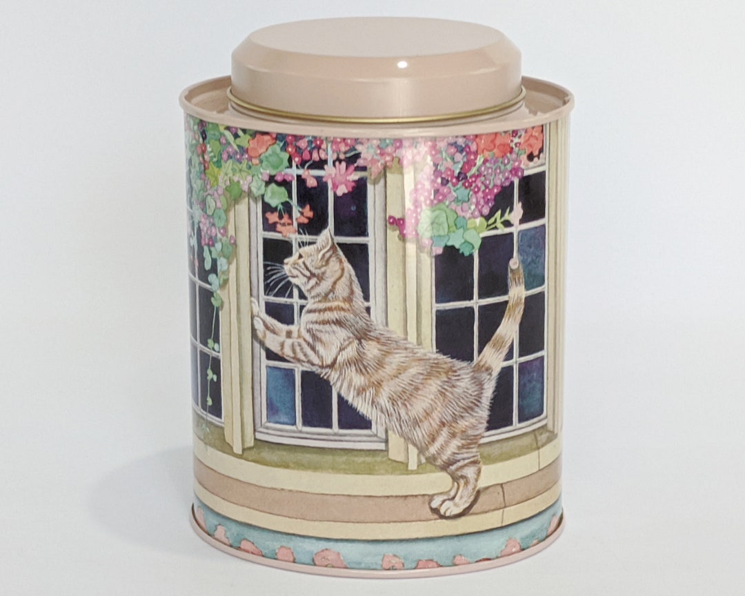 Cat Tin Tiger Cat Flowers Window Vintage Oval Dusty Pink Cat Lovers ...