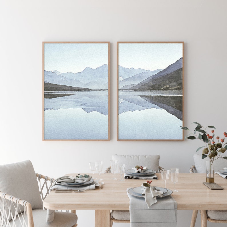 Blue Lake Painting Prints, Landscape Watercolor Prints, Lake Mountain ...