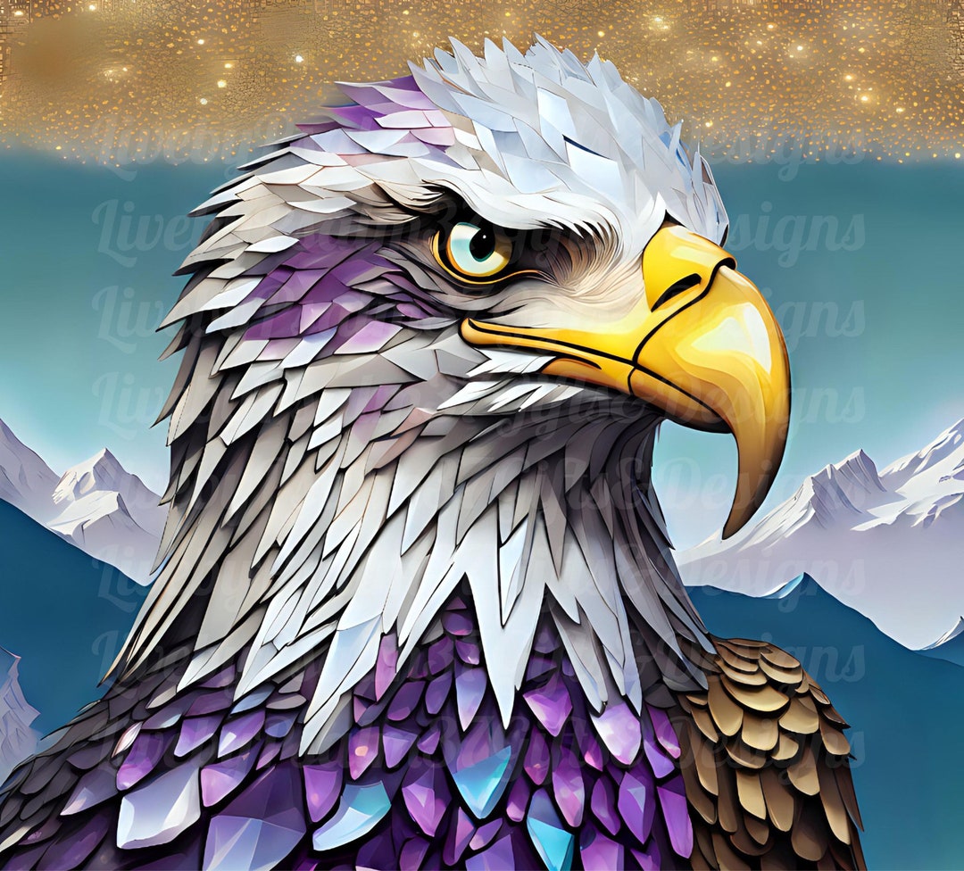 3D Bald Eagle Teal Purple Gold Crystals Premium AI Graphics Printable ...