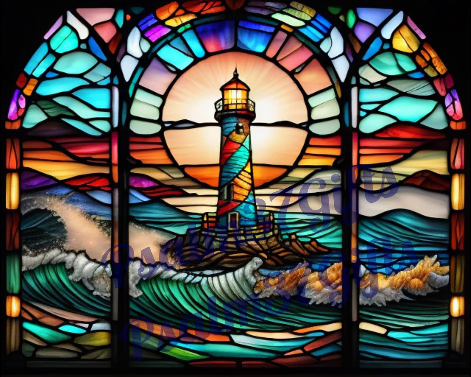 Lighthouse Stained Glass Graphic Sublimation PDF Jpeg PNG Instant ...