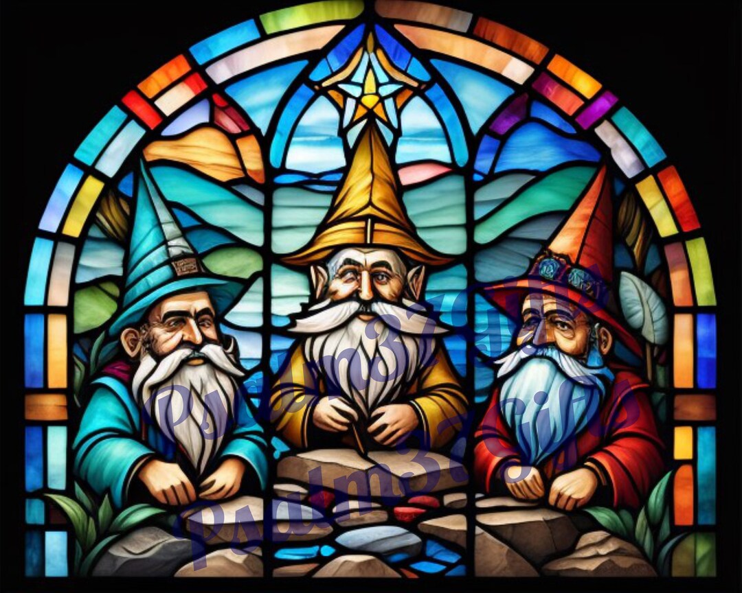 Gnomes Stained Glass Graphic Sublimation PDF Jpeg PNG Instant Download Tumbler Wrap Sun Wind ...