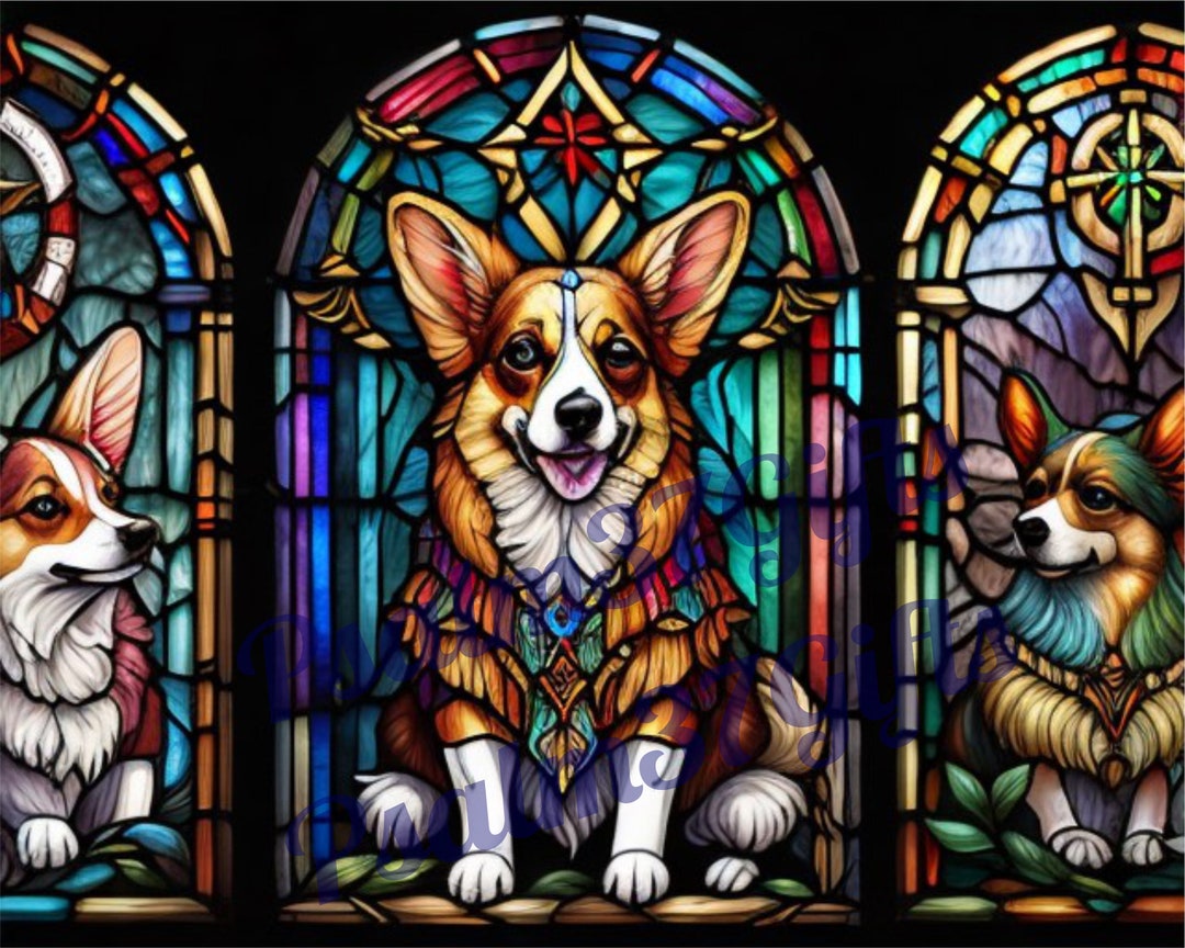 Stained Glass Corgi Puppies Sublimation Graphic PDF Jpeg PNG Instant ...