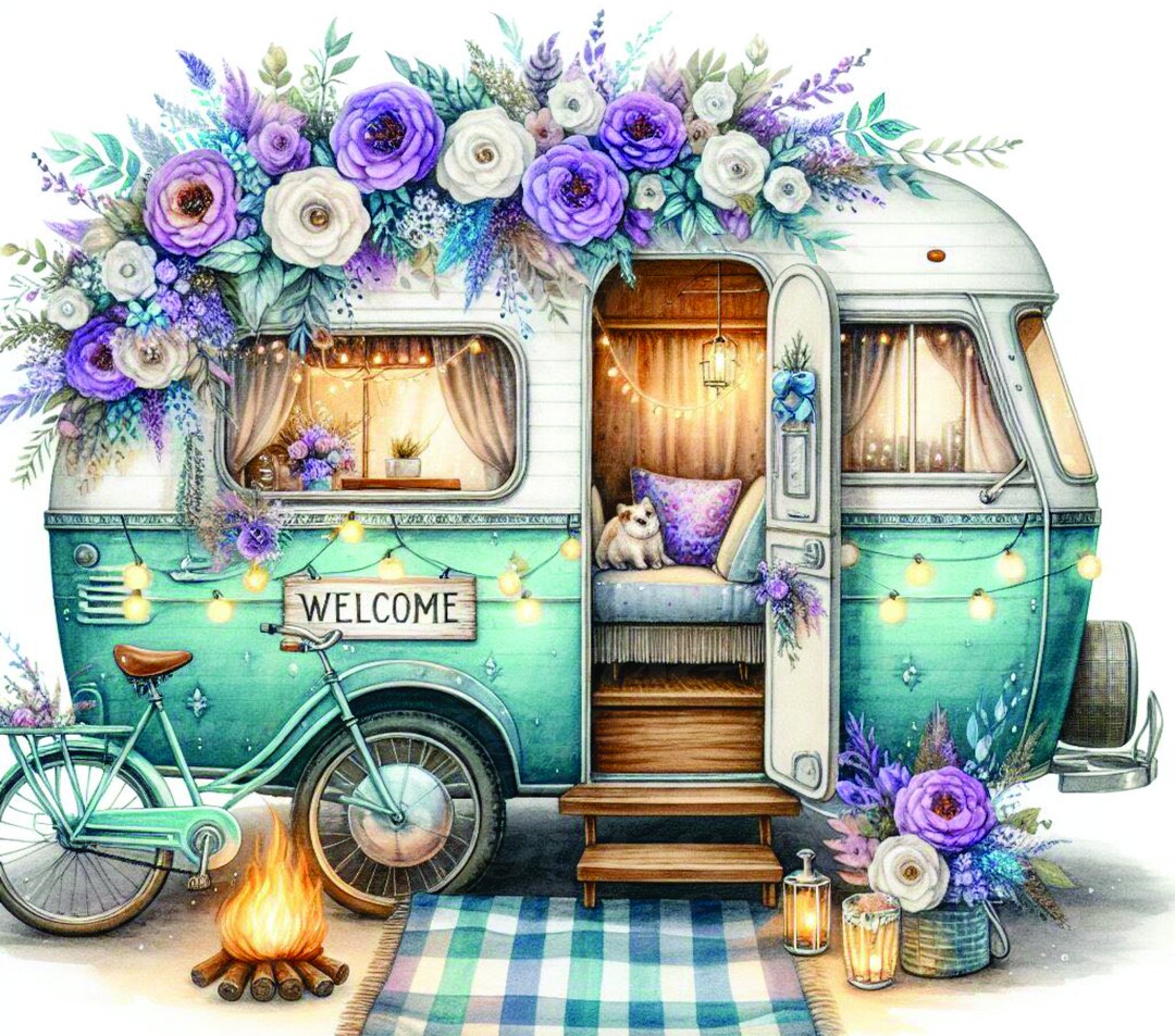 Old Camper Png Purple Teal Flowers Bicycle Camping Sublimation Tumbler ...