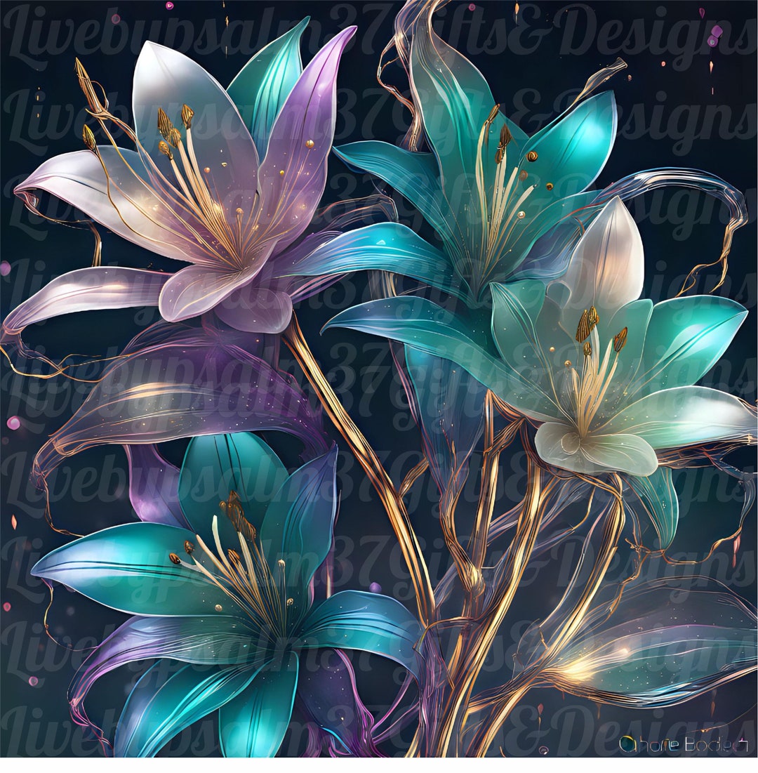 3D Lilies Teal Gold Purple Iridescent Liquid Gold Art Premium AI ...