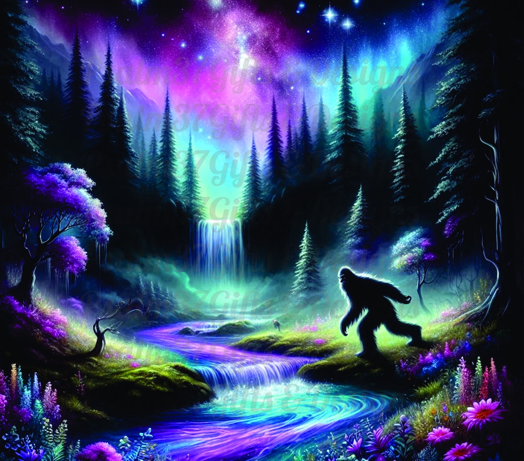 Big Foot Png Jpg Pdf Sasquatch Yeti Forest Waterfall Purple Teal ...