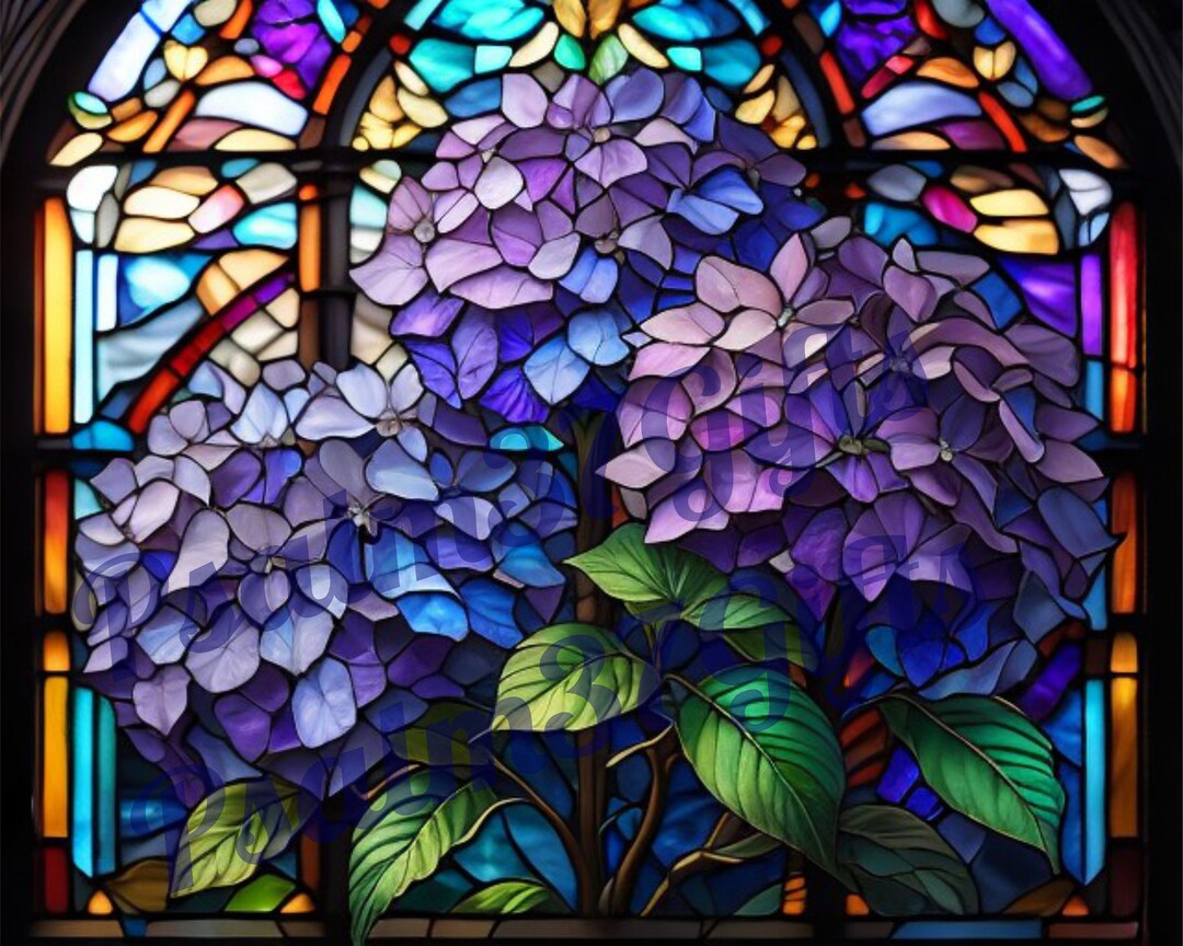 AI Stained Glass Purple Hydrangea Graphic PDF Jpeg PNG Instant Dwnload ...