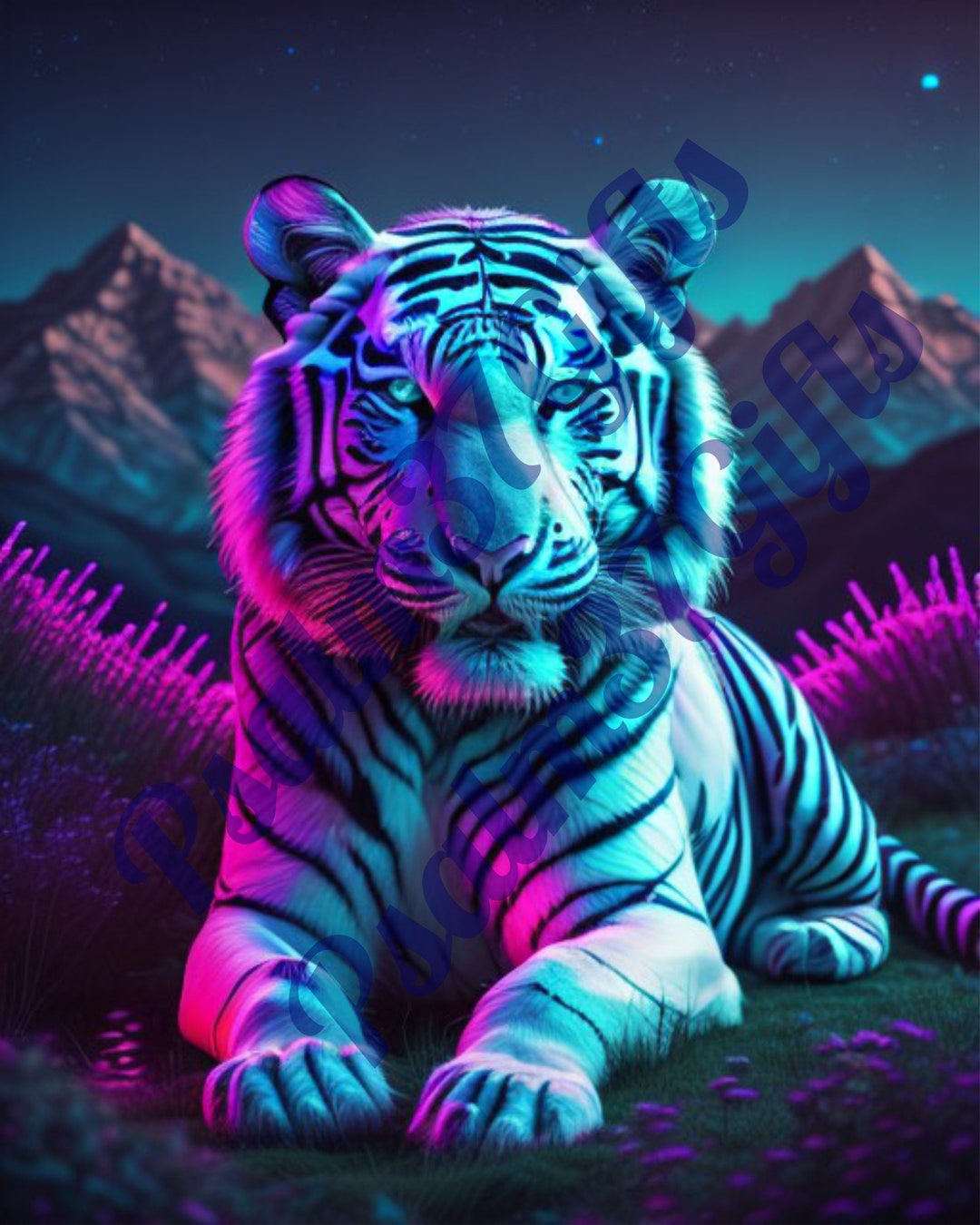 Neon White Tiger Purple Graphic Pdf Jpeg Png Sublimation Digital Instant Download Printable