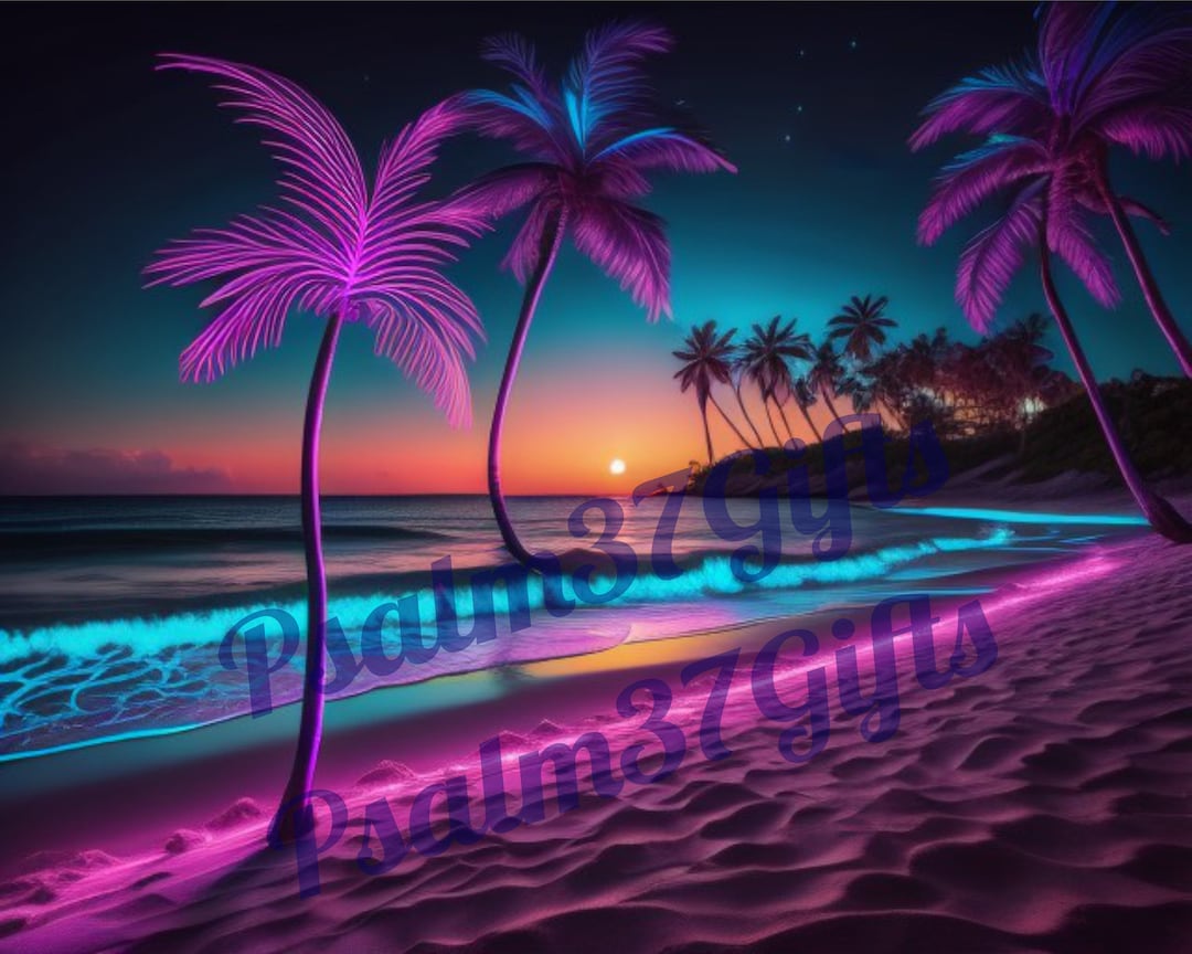 Beach at Sunset Palm Trees Neon Background Graphic Sublimation Pdf Jpeg ...