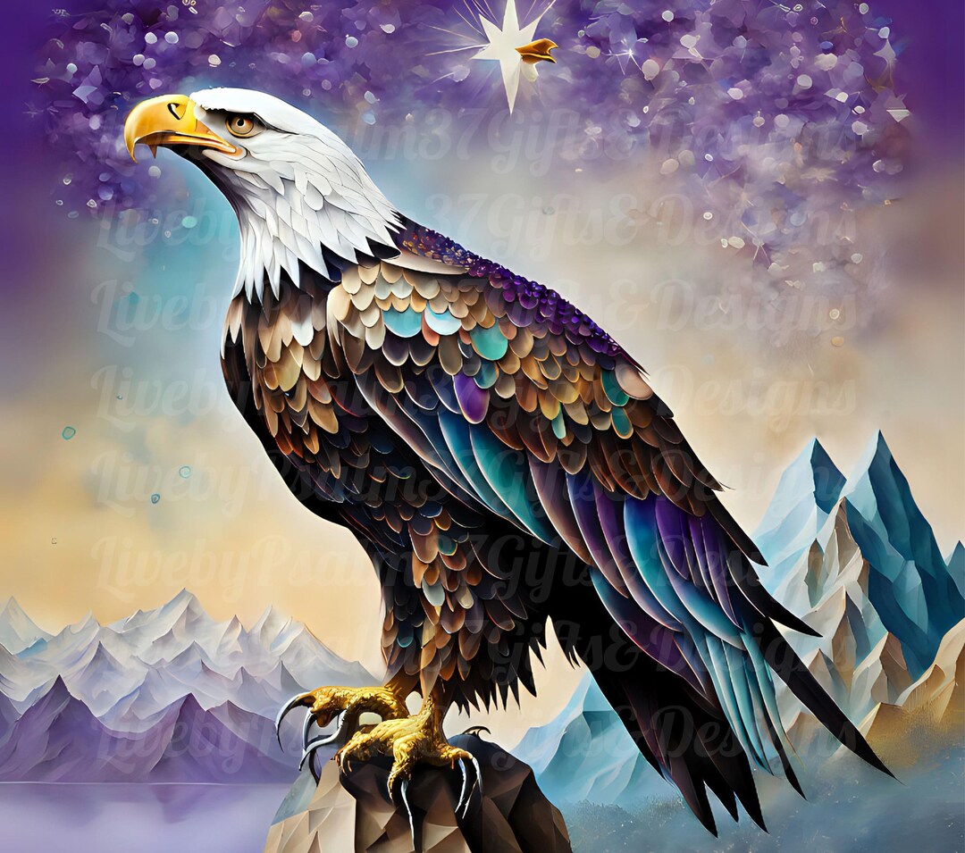 3D Bald Eagle Teal Purple Gold Crystals Premium AI Graphics Printable ...