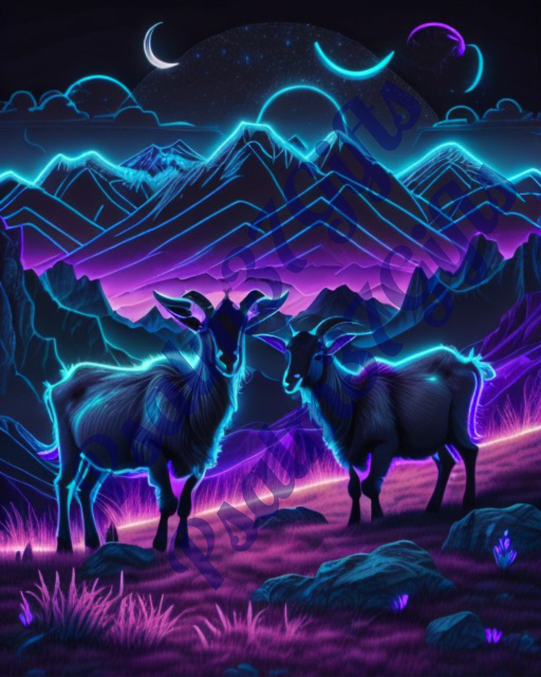Neon Goats Night Sky Purple Graphic PDF Jpeg PNG Sublimation Digital ...