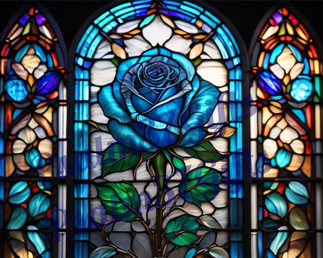 AI Stained Glass Blue Rose Graphic PDF Jpeg PNG Instant Download ...