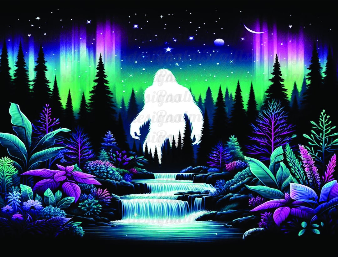 Big Foot Png Jpg Sasquatch Yeti Forest Waterfall Purple Teal ...