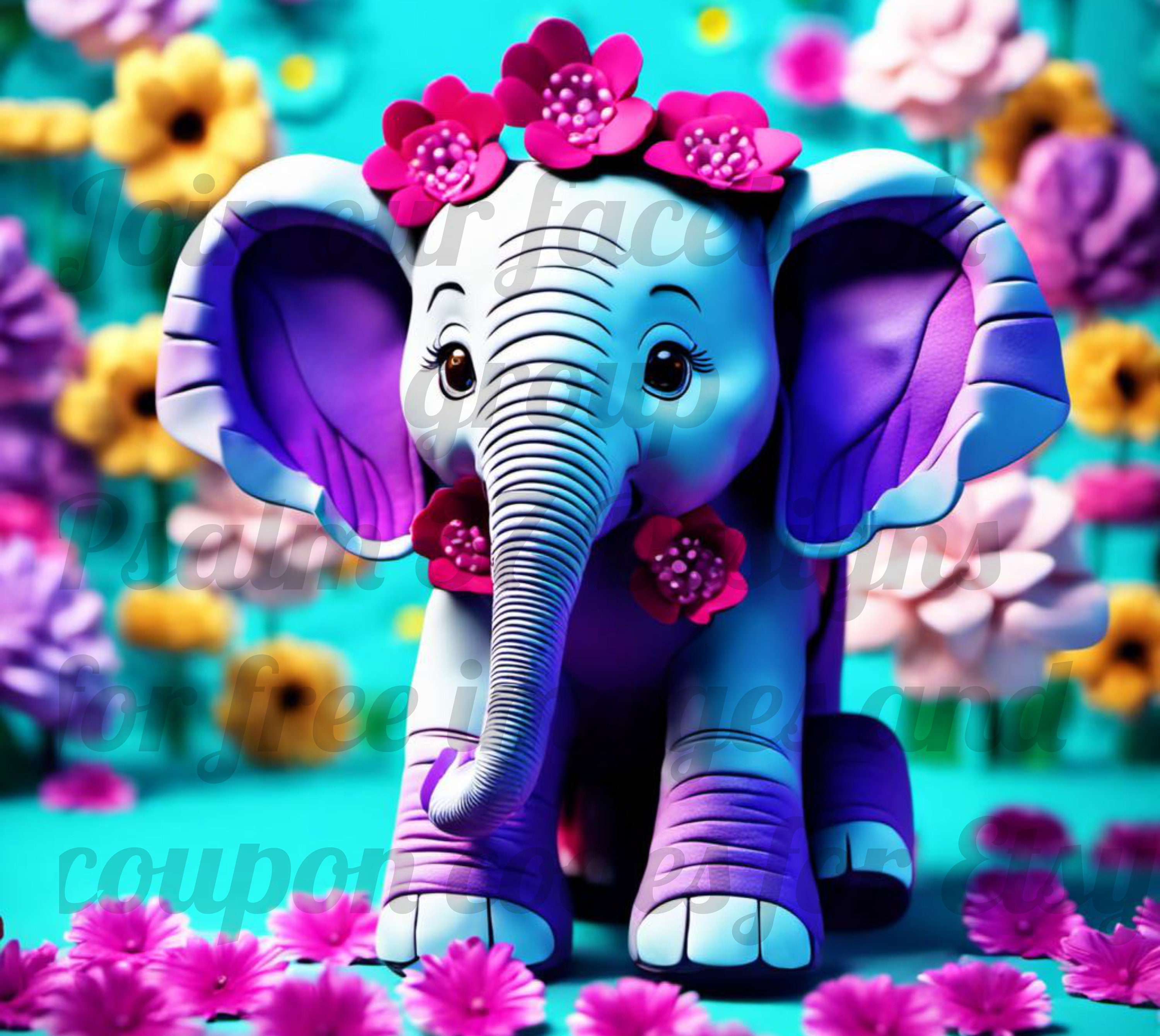 3D Baby Elephant Flowers Purple PNG Graphic Kid Sublimation - Etsy