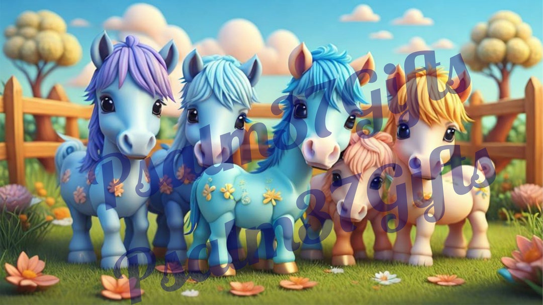 3D Baby Ponies Purple Blue Background Graphic Sublimation PDF Jpeg PNG ...
