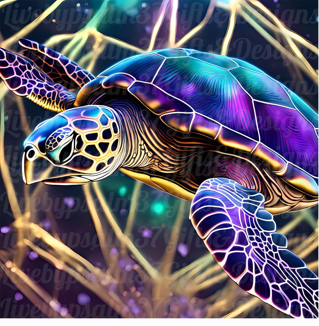 3D Sea Turtle Purple Gold Teal Iridescent Liquid Gold Art Premium AI ...