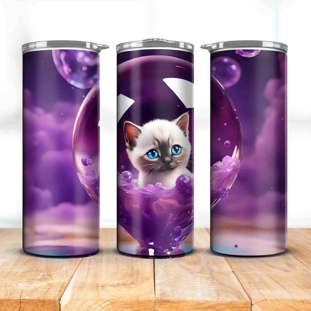 3D Siamese Kitten Png Purple Bubbles Clouds Sublimation Sippy Cup Wrap ...