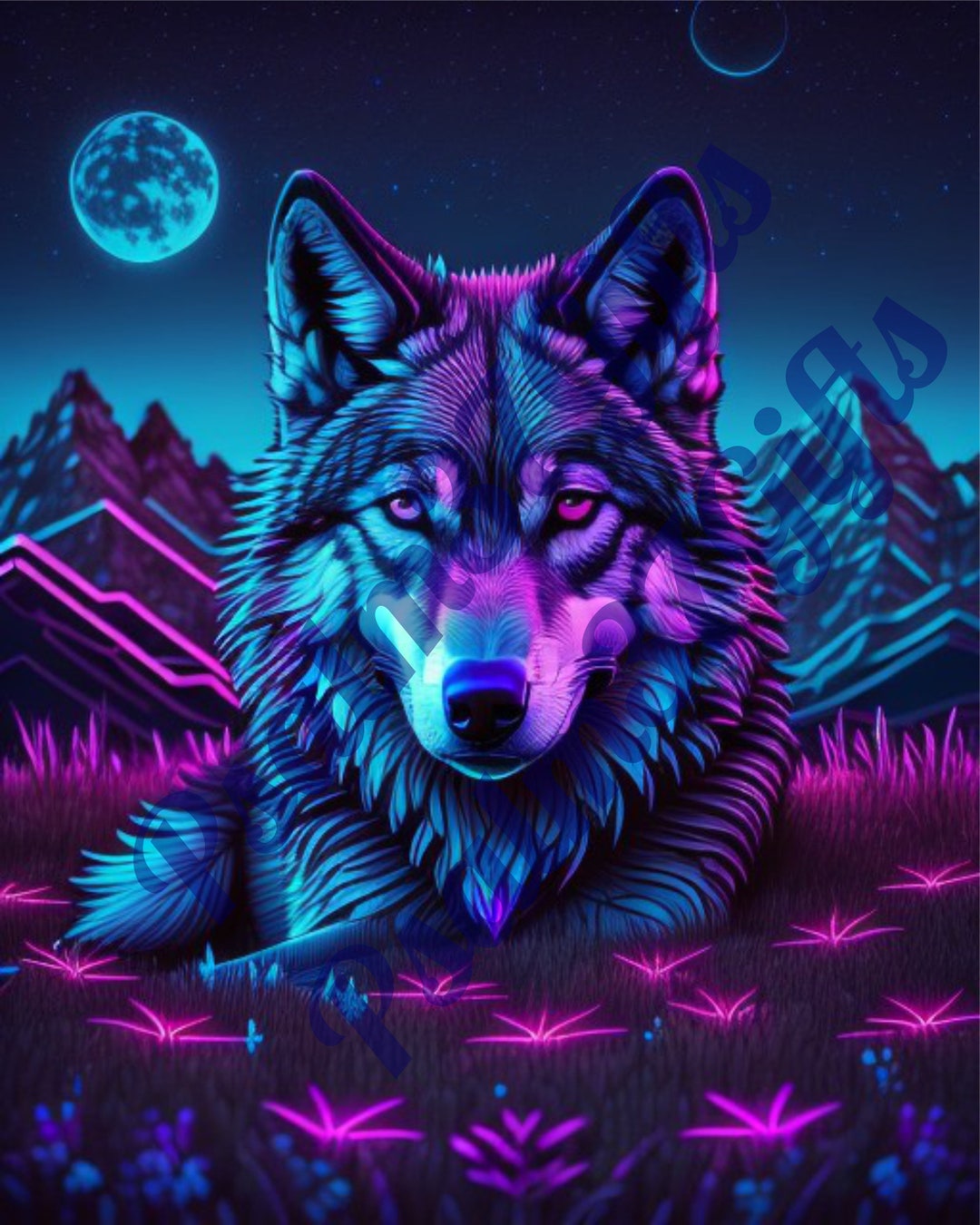 Neon Wolf Purple Blue Graphic PDF Jpeg PNG Sublimation Instant Download ...