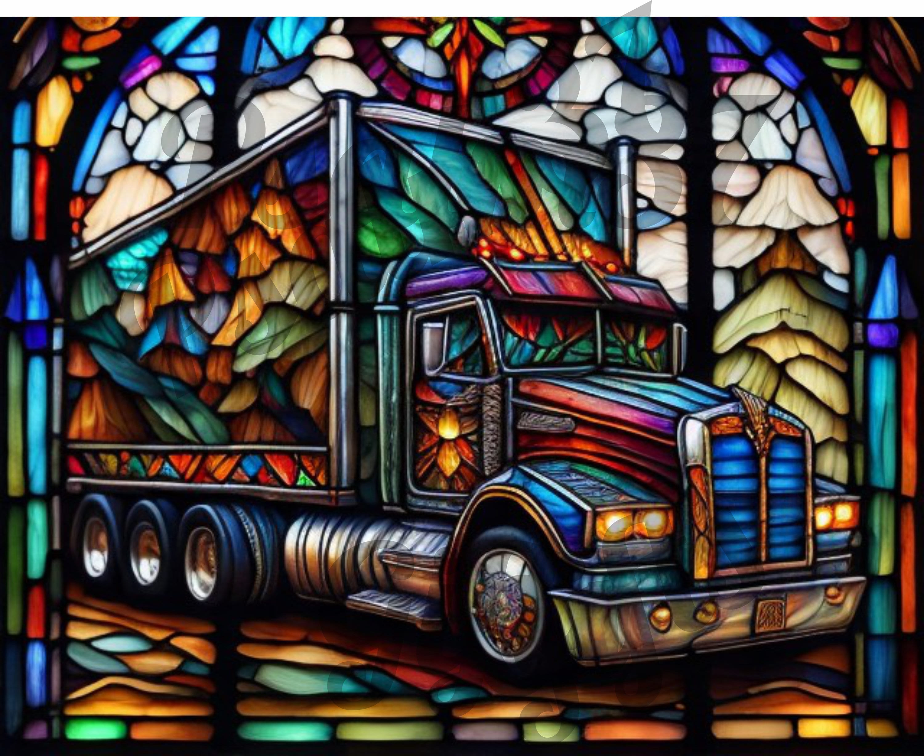 3D Semi Tractor Trailer Truck Stained Glass Jpeg Pdf Graphic Sublimation Tumbler Wrap Wind ...