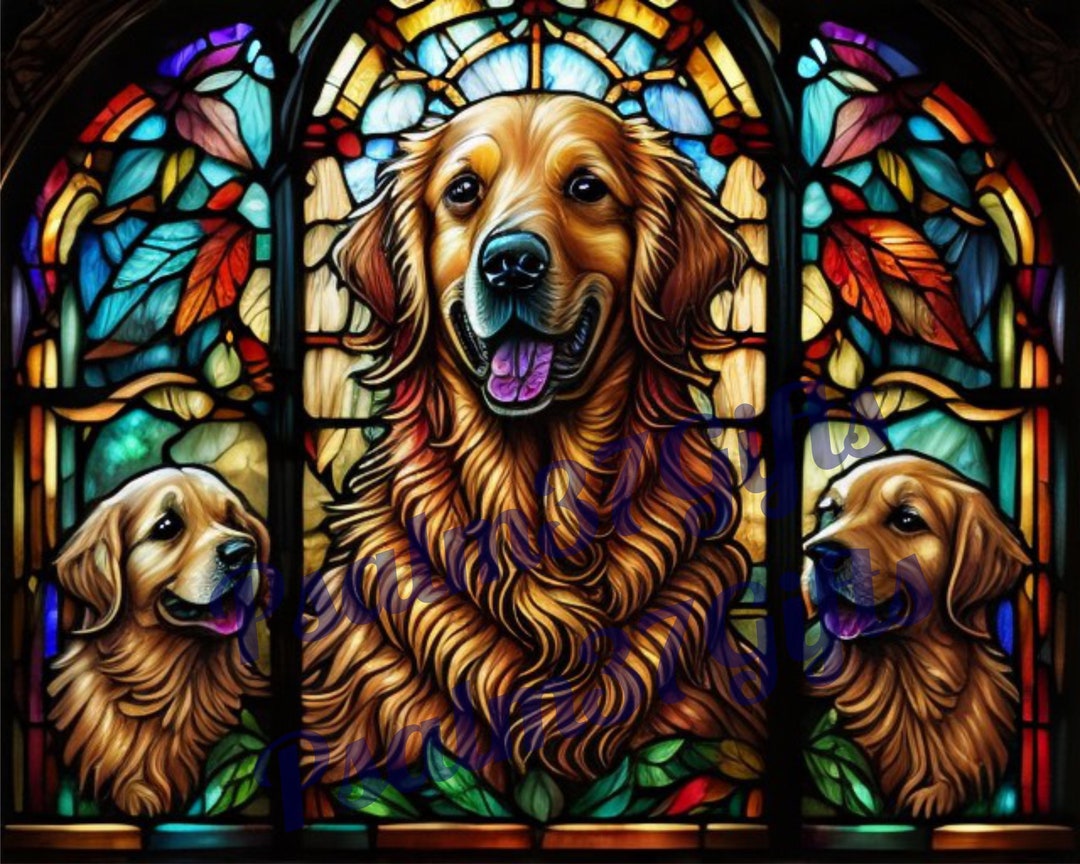 Stained Glass Golden Retriever Puppies Sublimation Graphic PDF Jpeg PNG ...