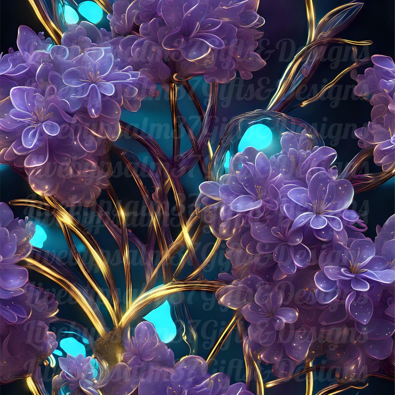 3D Lilacs Purple Teal Gold Iridescent Liquid Gold Art Premium AI ...