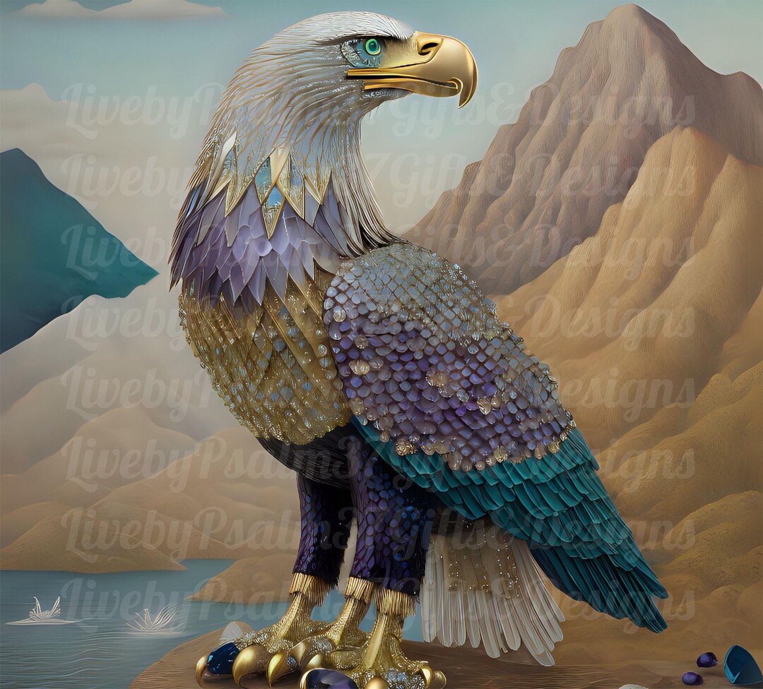 3D Bald Eagle Teal Purple Gold Crystals Premium Graphics Printable Art ...