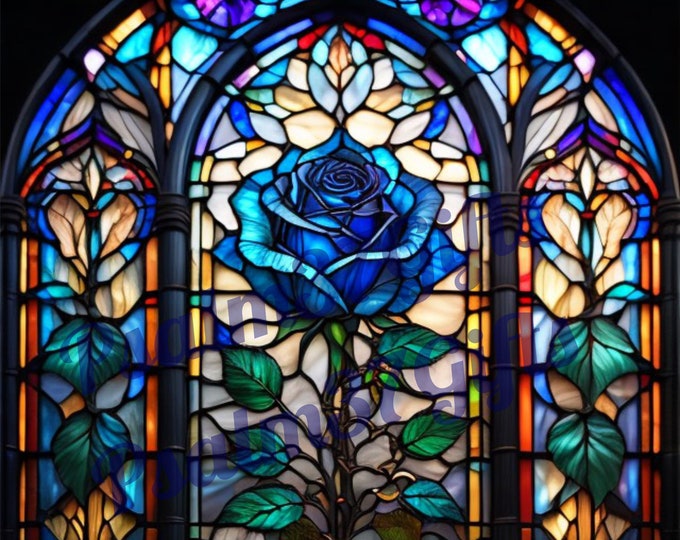 6in Stained Glass Blue Rose Suncatcher Symbol of Mystery - Etsy