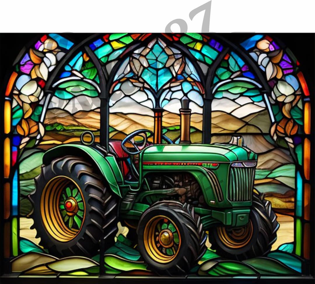 AI 3D Green Tractor Stained Glass Graphic Jpeg Pdf Sublimation Tumbler ...